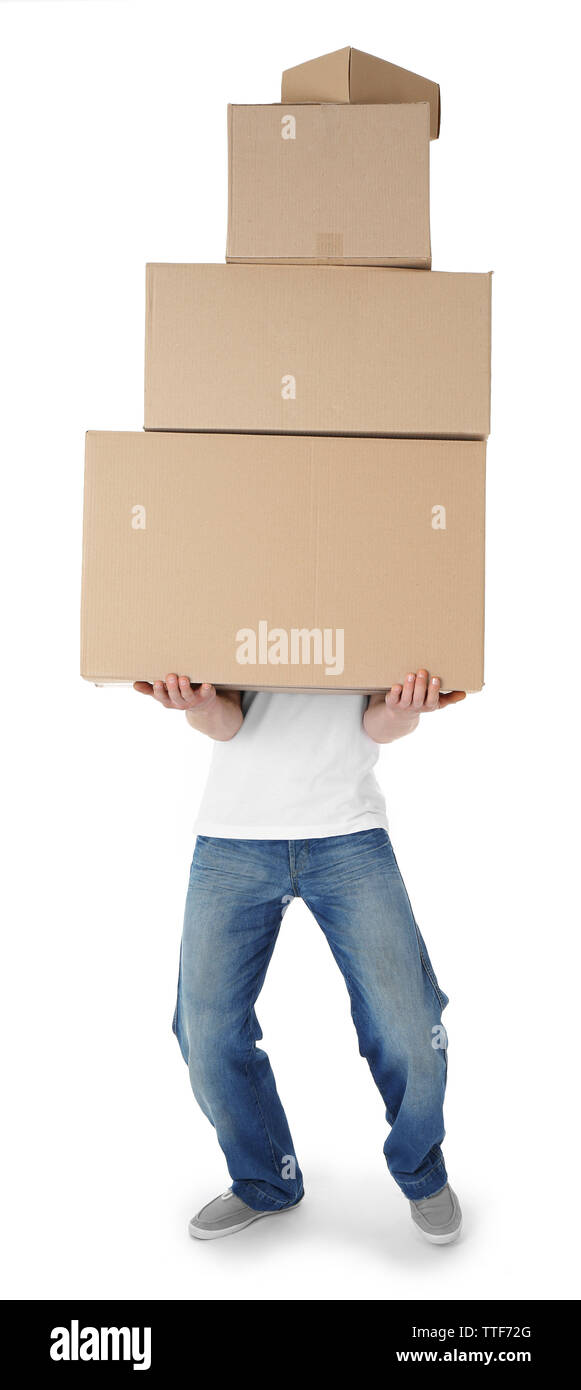 Man holding pile of carton boxes isolated on white background Stock ...