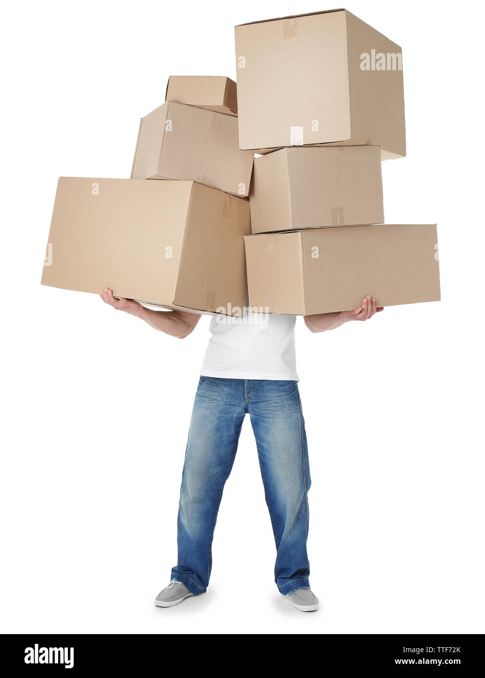 Man holding pile of carton boxes isolated on white background Stock ...