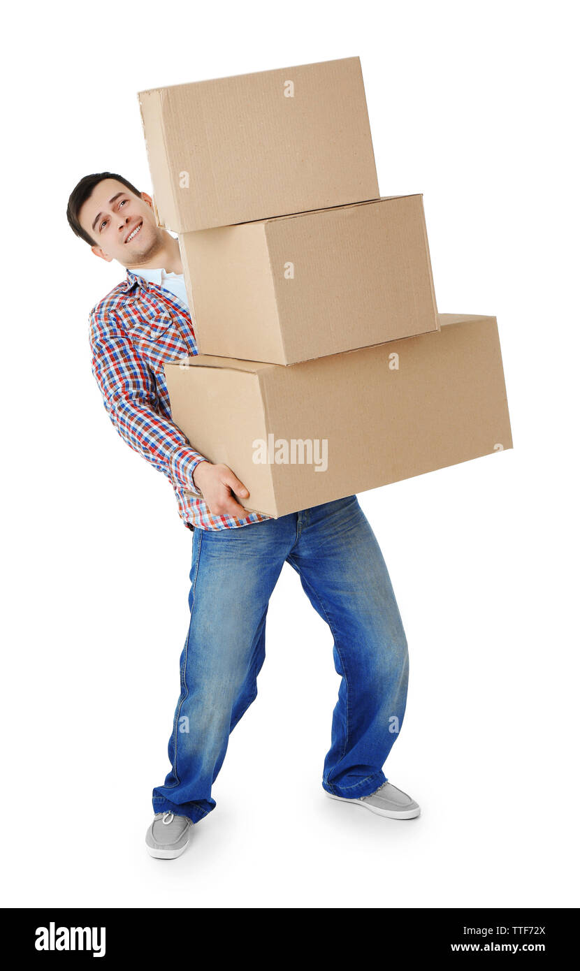 Man holding pile of carton boxes isolated on white background Stock ...