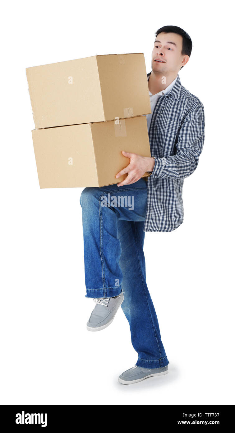 Man holding carton boxes isolated on white background Stock Photo - Alamy