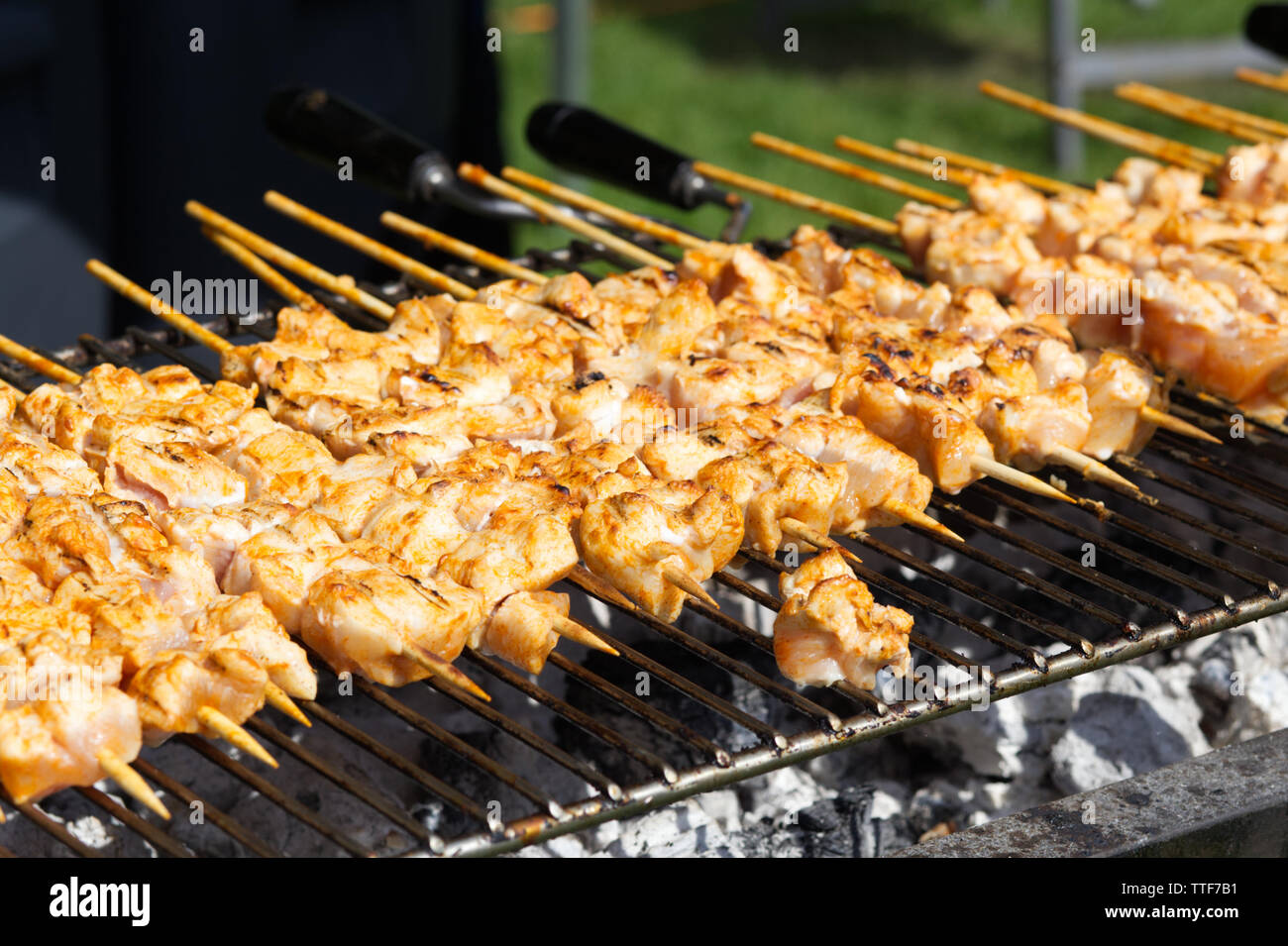 Chicken on skewers cooking on a open fire Stock Photo - Alamy