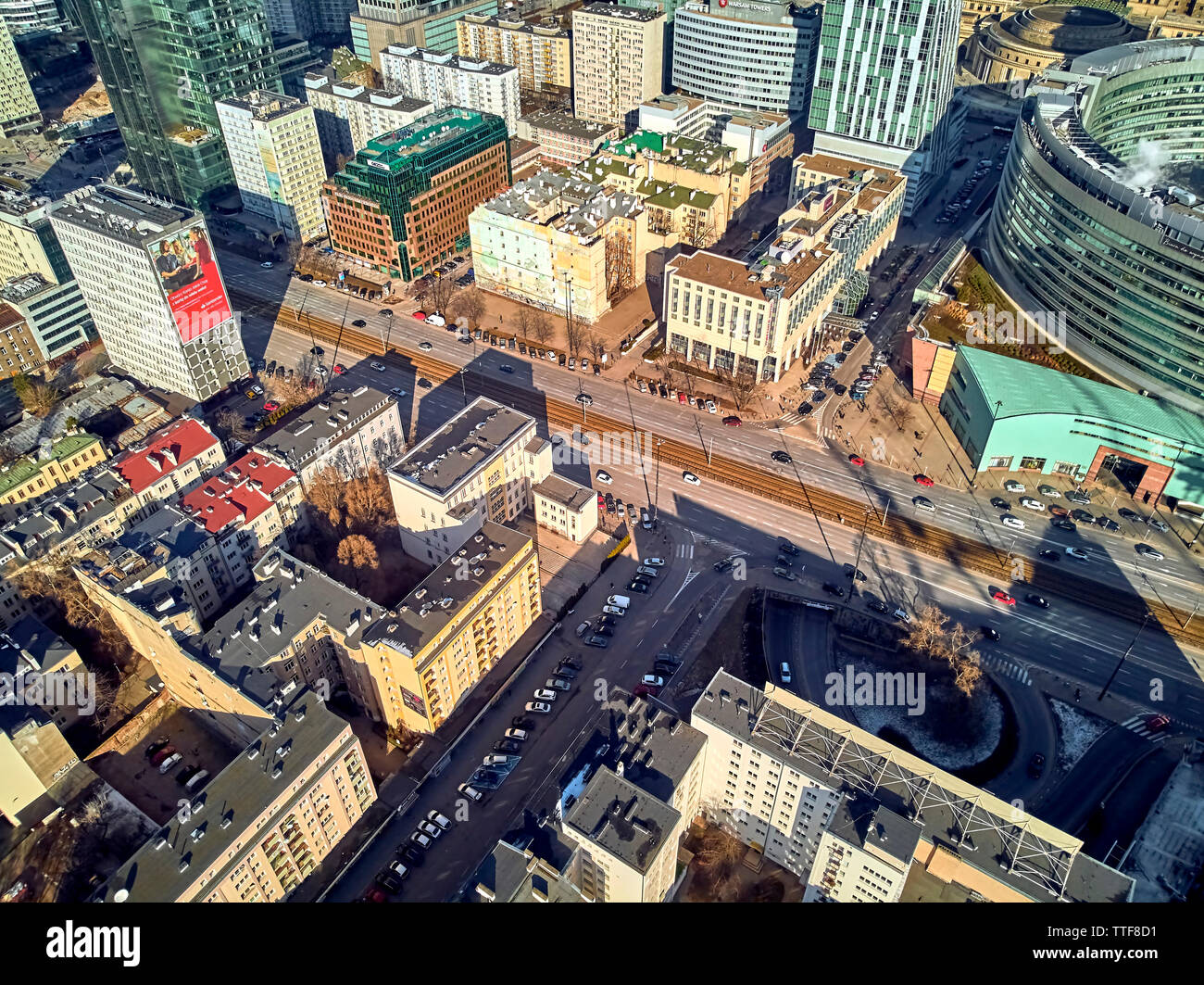 WARSAW, POLAND - FEBRUARY 23, 2019: Beautiful panoramic aerial drone view to the center of ...