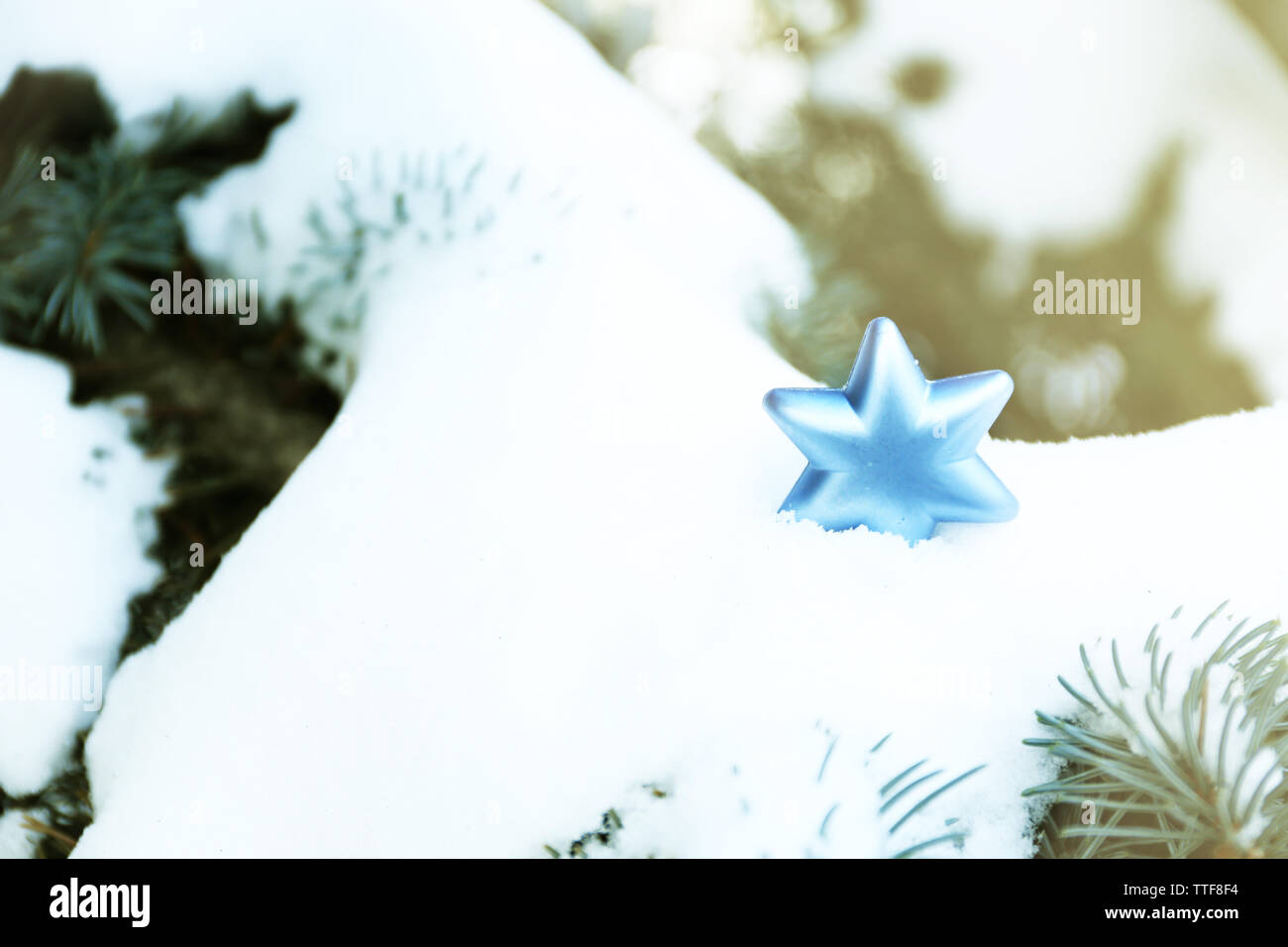 Christmas blue star on a snowy fir tree branch Stock Photo - Alamy