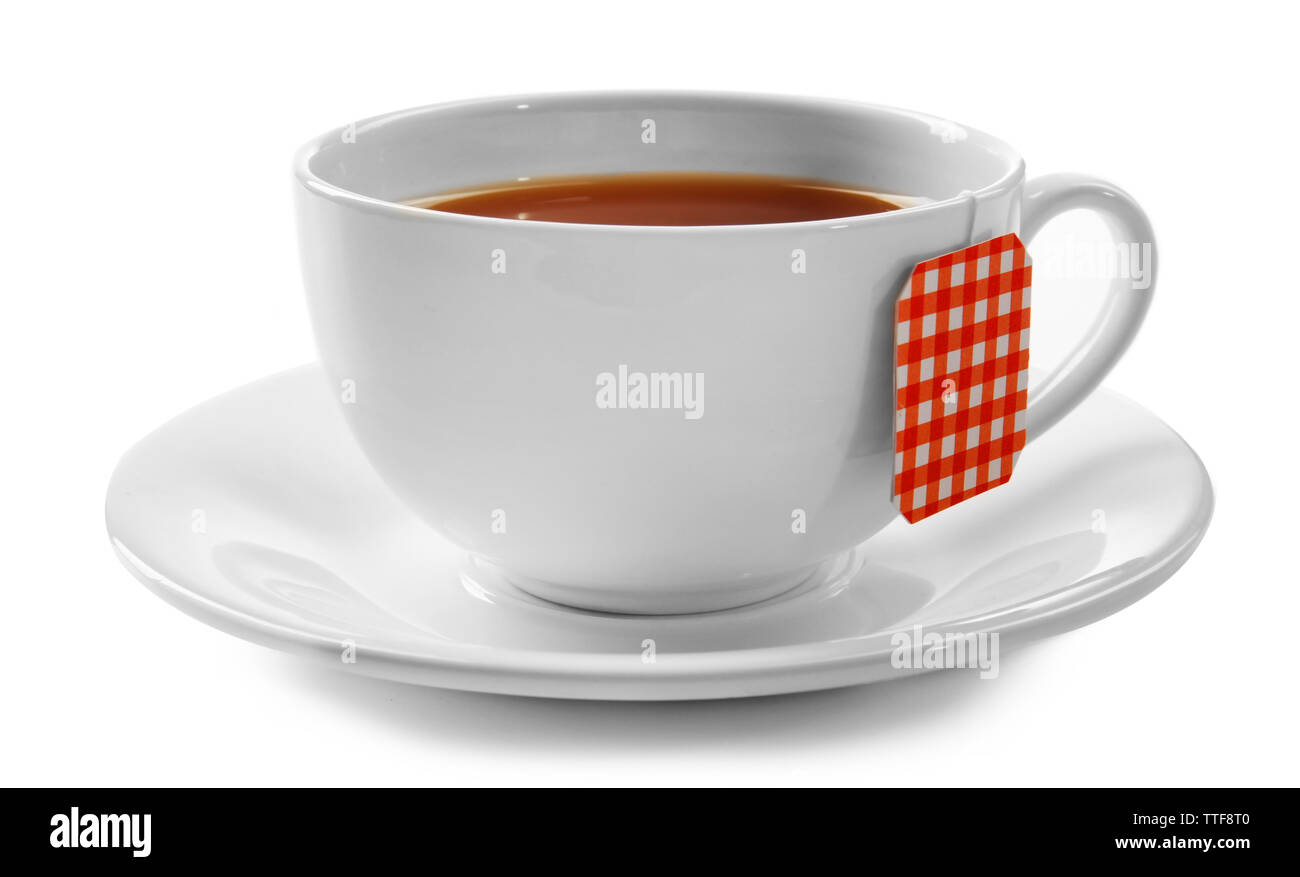 Cup of tea isolated on white background. Teabag with red checkered ...