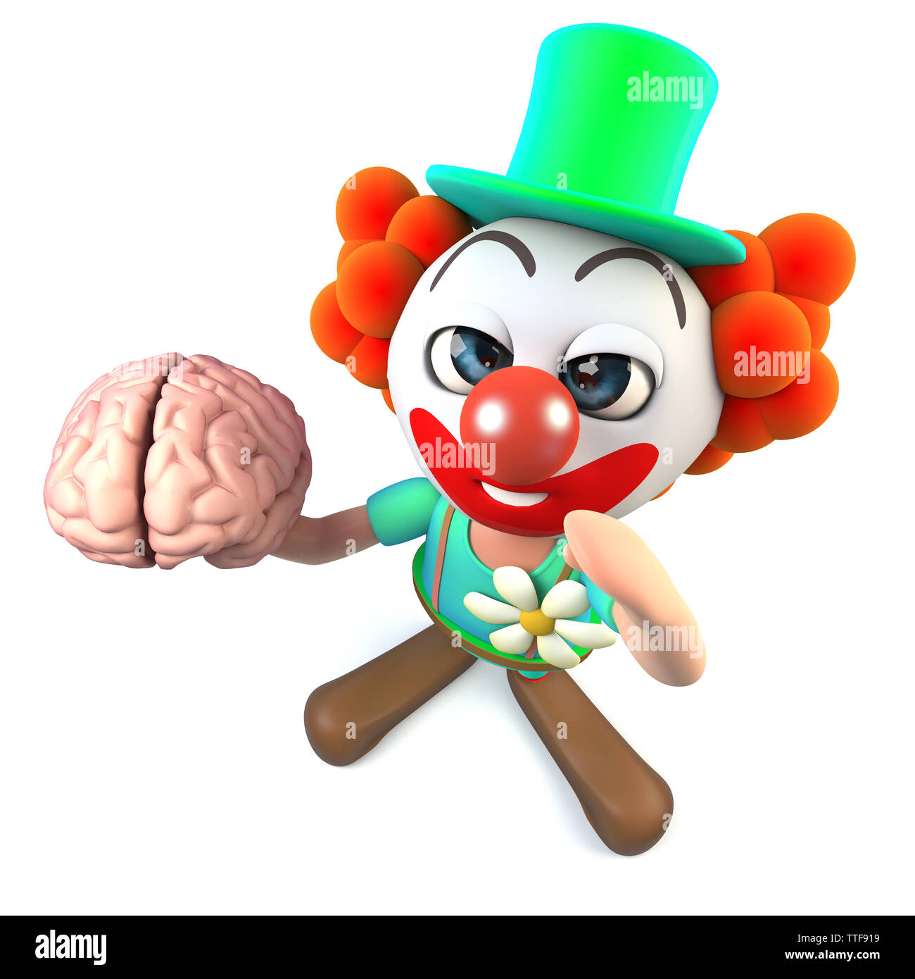 3d render of a funny cartoon crazy clown character holding a human ...