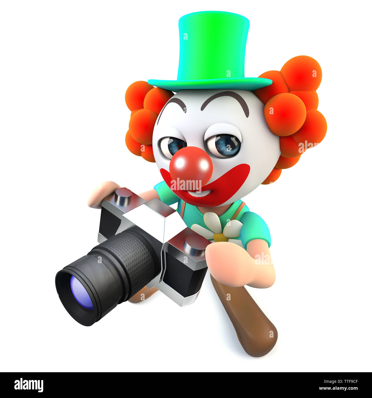 3d render of a funny cartoon clown character holding a camera Stock ...
