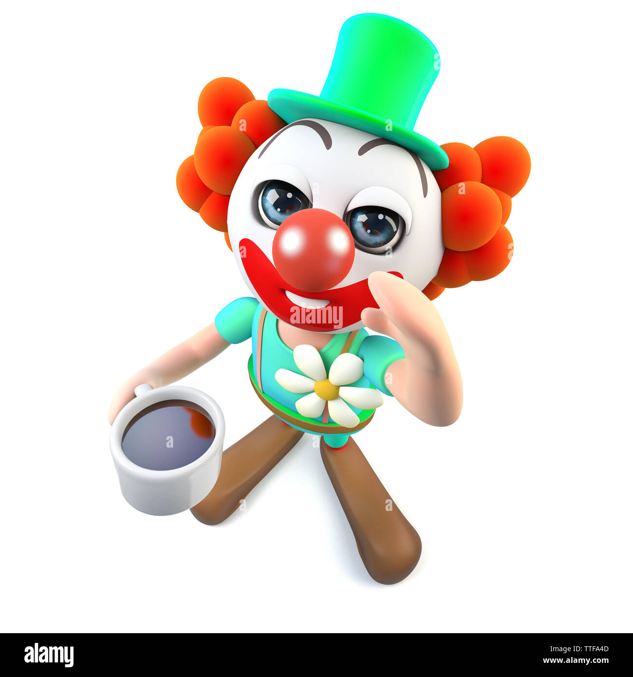 3d render of a funny cartoon crazy clown character drinking a cup of ...