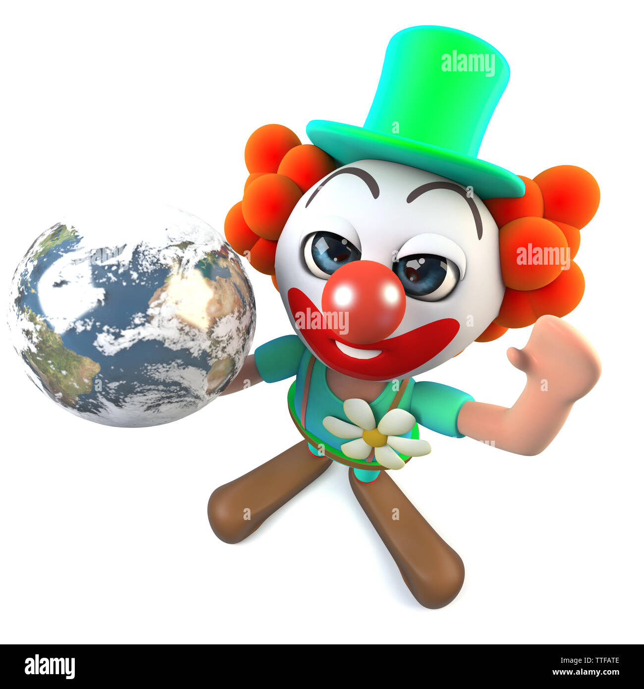 3d render of a funny cartoon crazy clown character holding a globe of ...