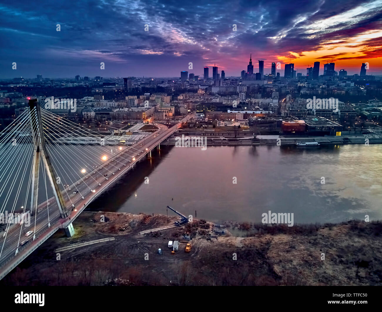 Beautiful panoramic aerial drone sunset view to Warsaw city center with ...