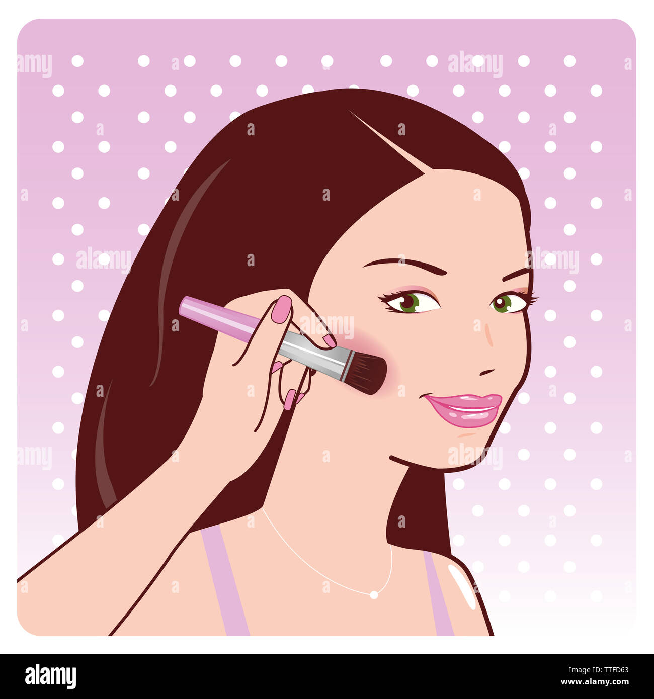 Woman applies blush on her face using a brush. Young beautiful woman ...