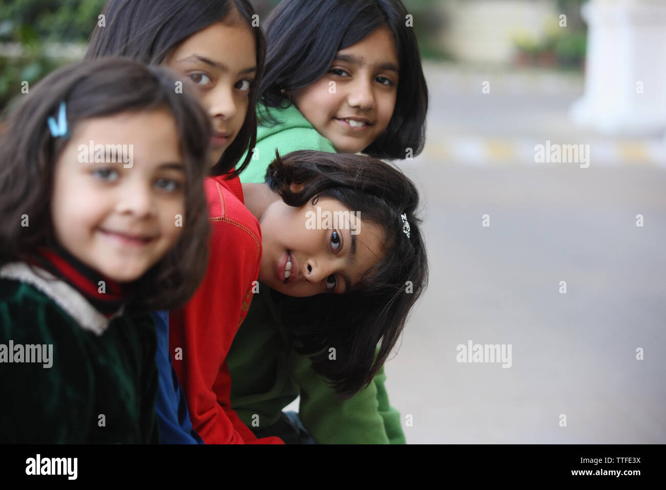 Portrait of girls sitting in a row Stock Photo - Alamy