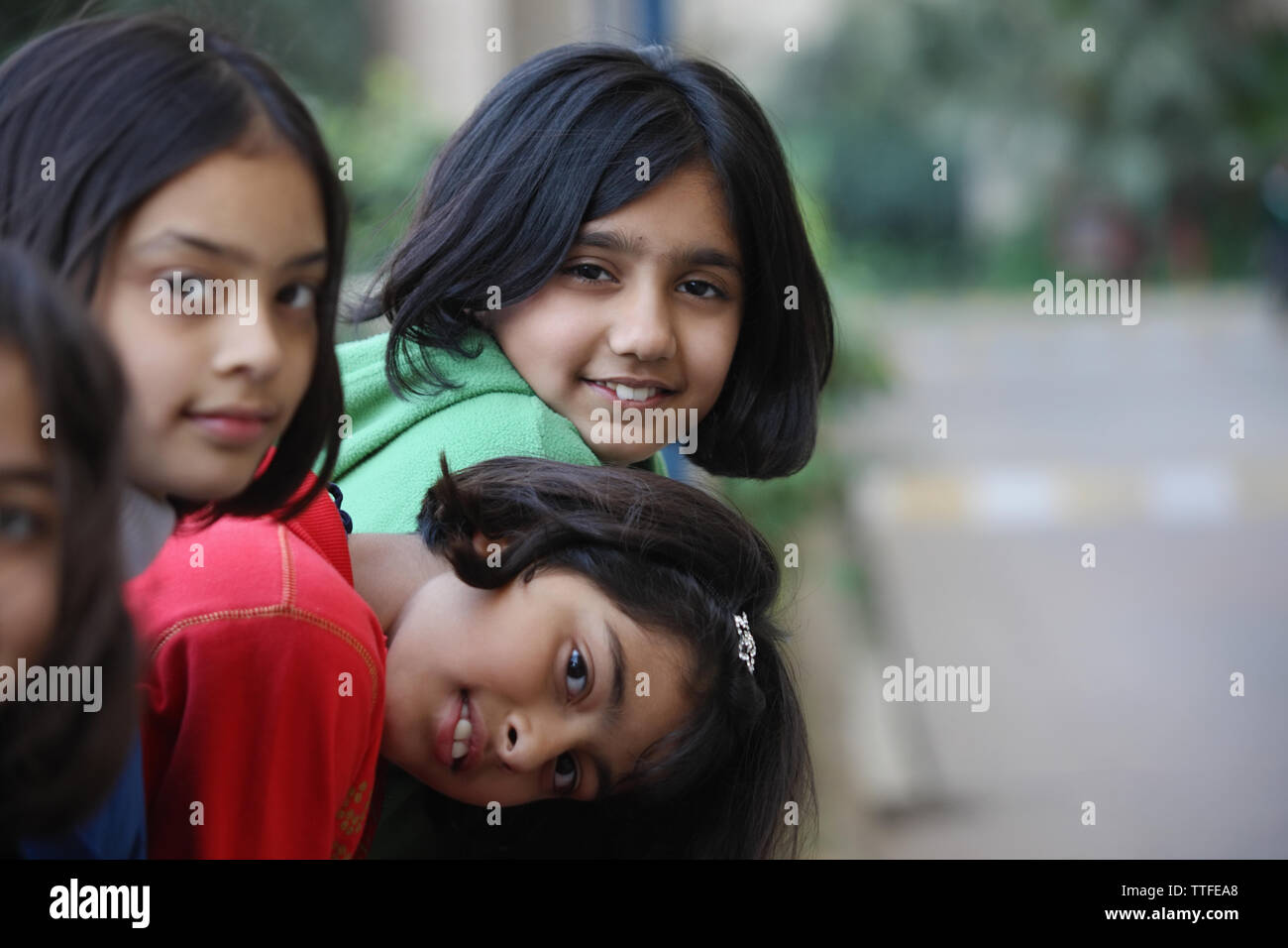Portrait of girls sitting in a row Stock Photo - Alamy