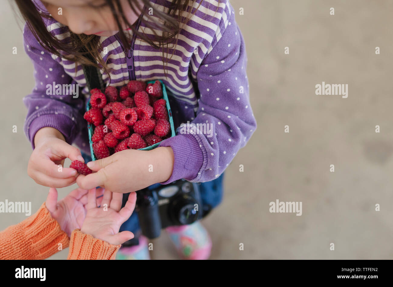 Overhead view of girl giving raspberry to sister Stock Photo - Alamy