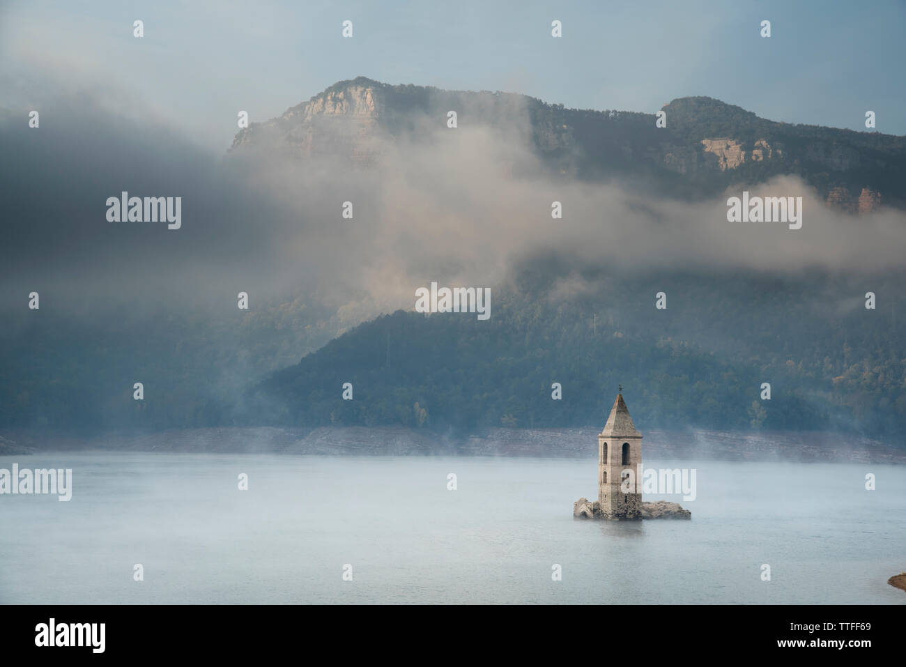 The submerged church of the Sau reservoir during a poetic day Stock ...