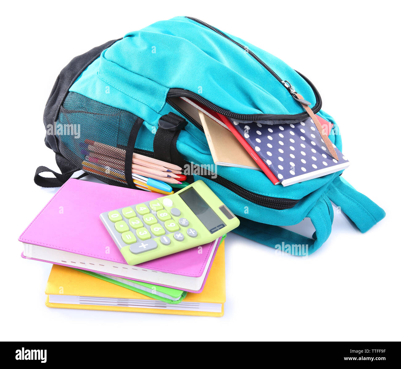 Backpack with school supplies, isolated on white Stock Photo - Alamy