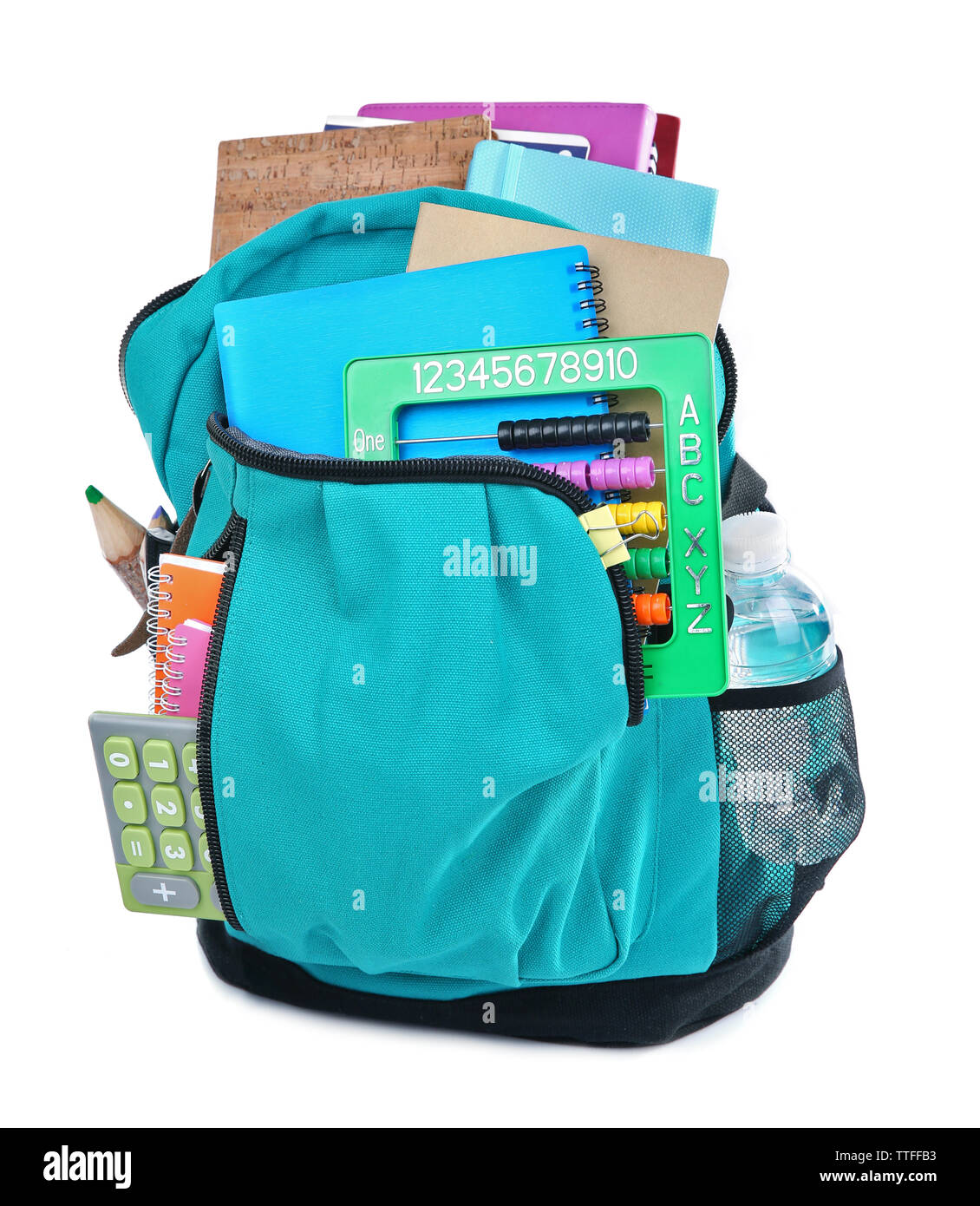 Backpack with school supplies, isolated on white Stock Photo - Alamy