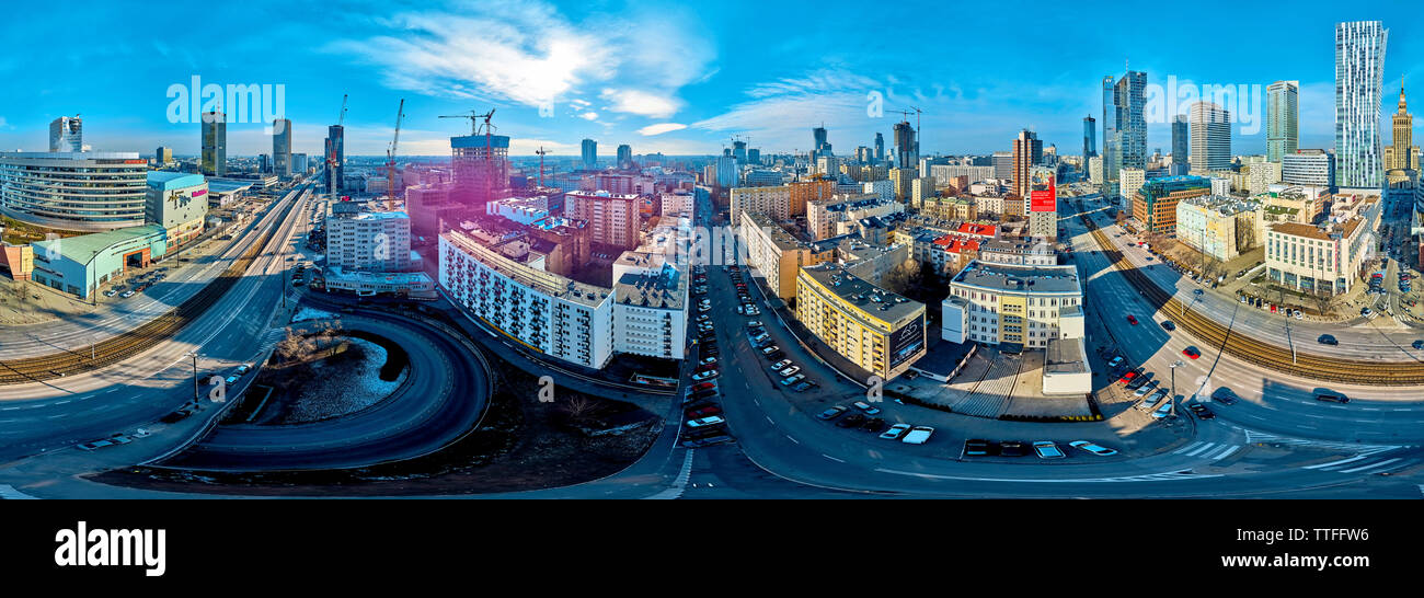 WARSAW, POLAND - FEBRUARY 23, 2019: Beautiful panoramic aerial drone ...