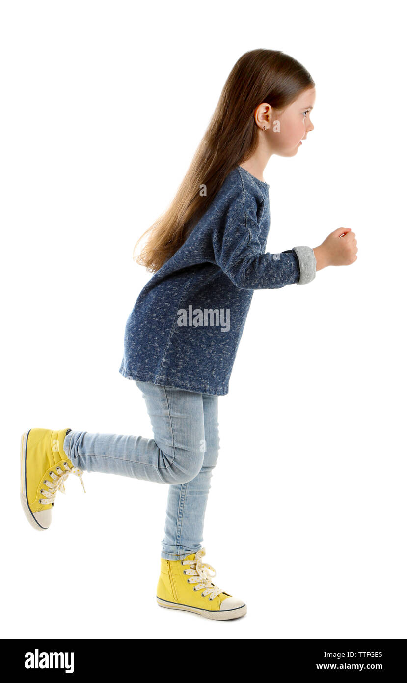 Little girl running right, isolated on white Stock Photo - Alamy