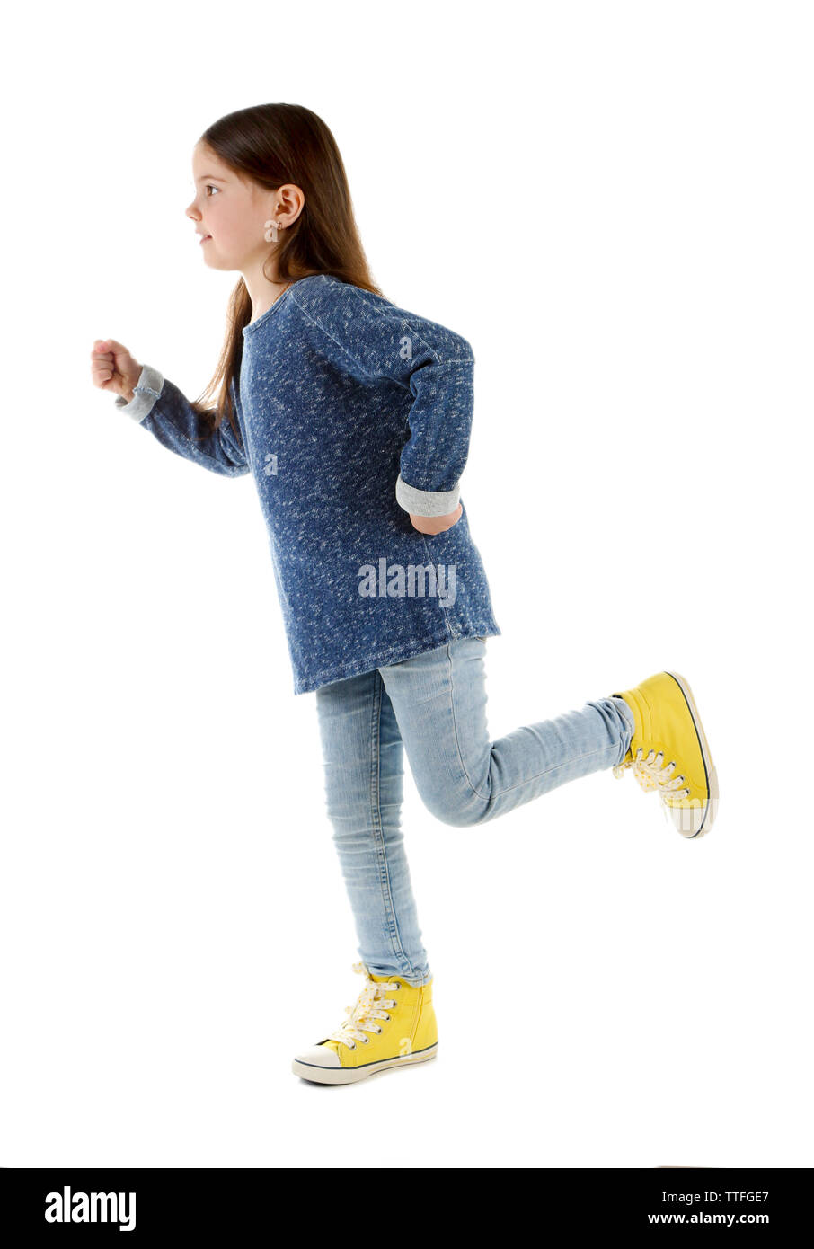 Little girl running left, isolated on white Stock Photo - Alamy