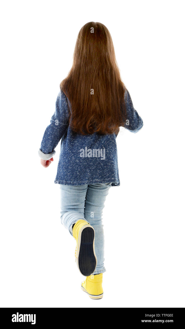 Little girl running back, isolated on white Stock Photo - Alamy