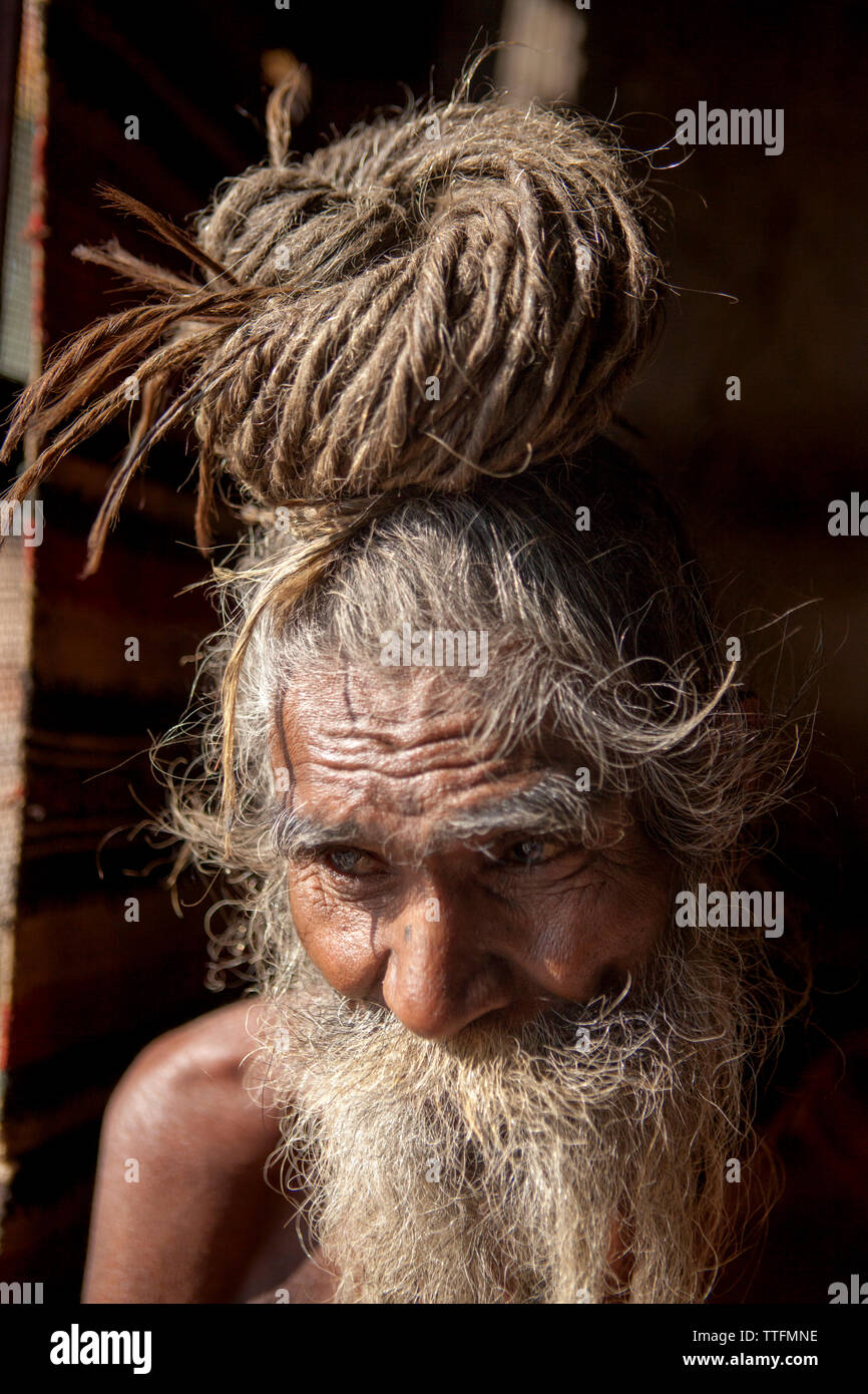 Portrait of an old indian sadhu with long rasta hair, Pushkar India ...
