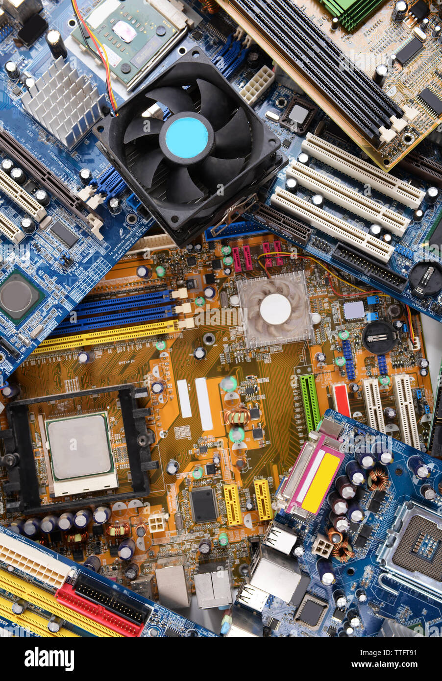 Computer motherboards with fans, close up Stock Photo - Alamy