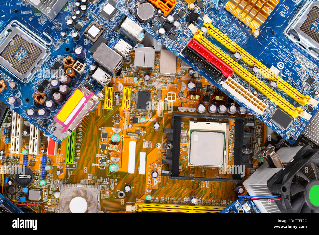 Computer motherboards with fans, close up Stock Photo - Alamy