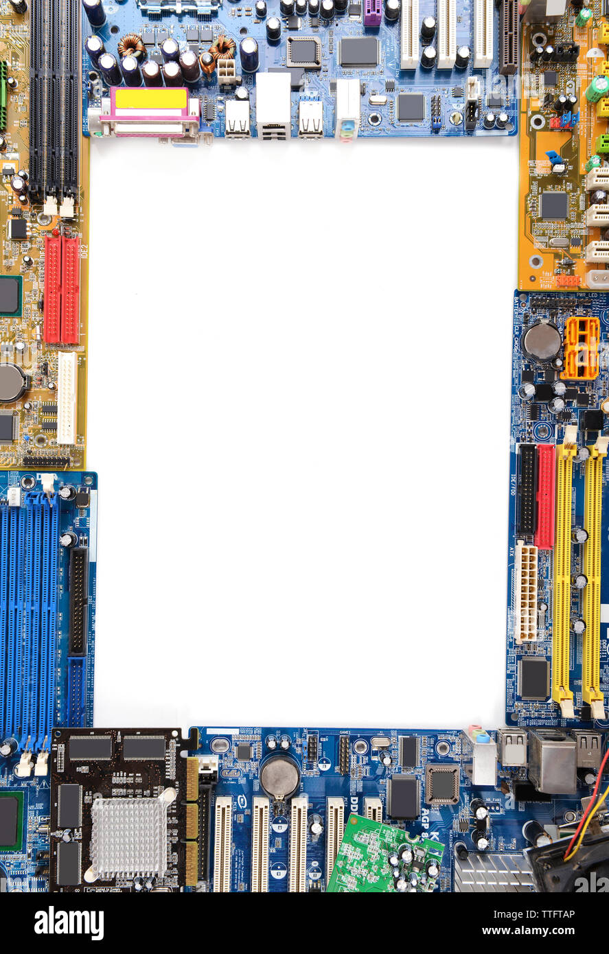 Frame with computer motherboards on white background Stock Photo - Alamy