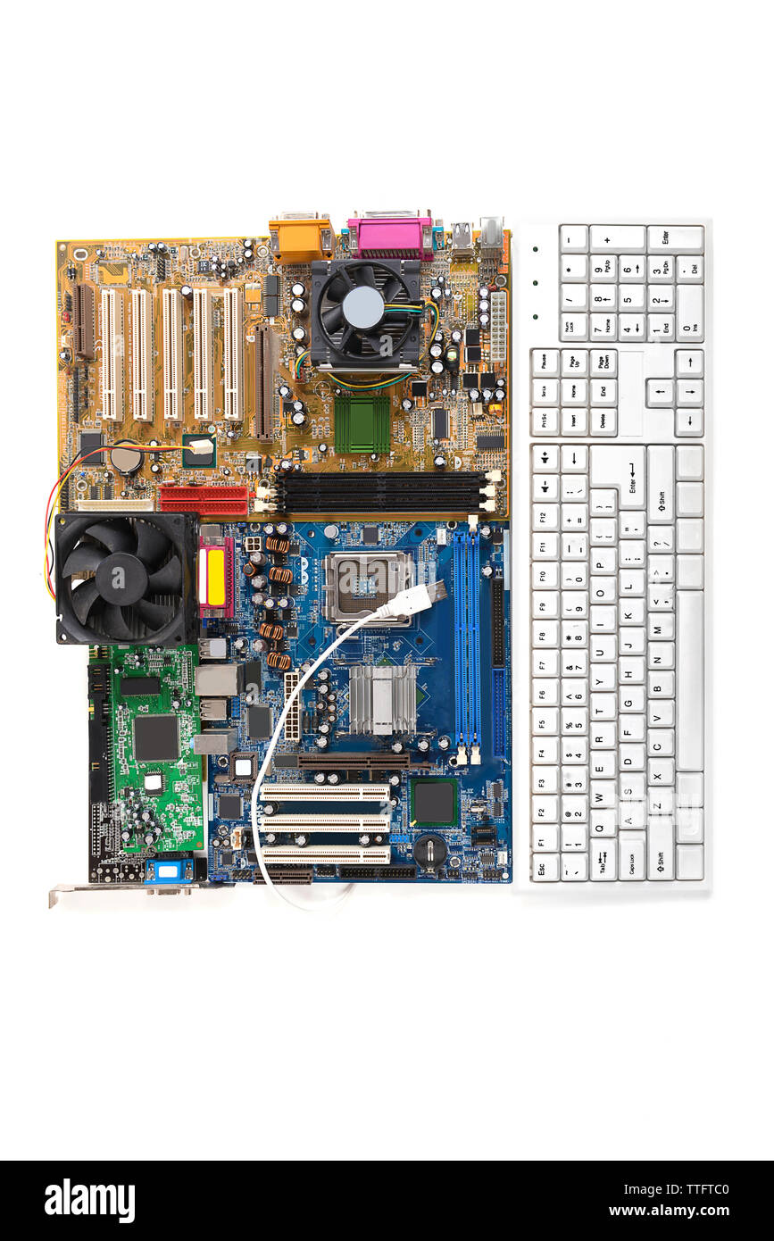 Computer motherboards with keyboard and fans, isolated on white Stock ...