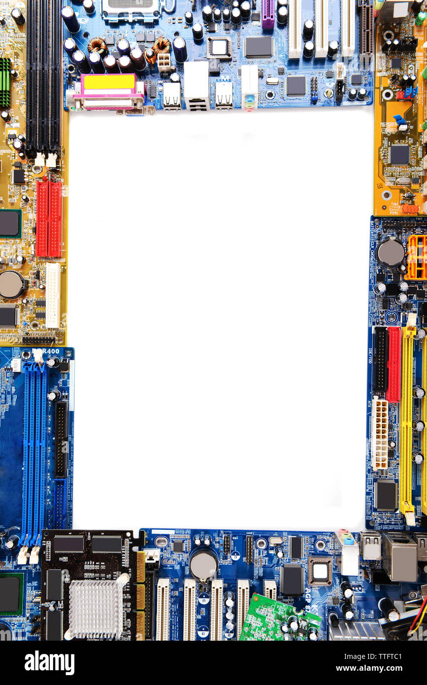 Frame with computer motherboards on white background Stock Photo - Alamy