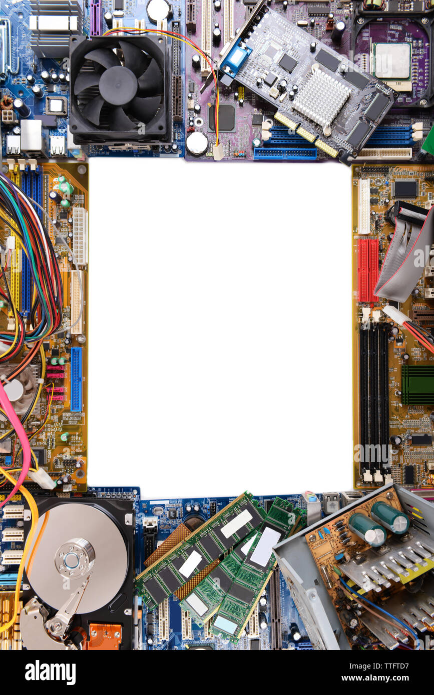 Frame with computer motherboards and hard disk on white background ...