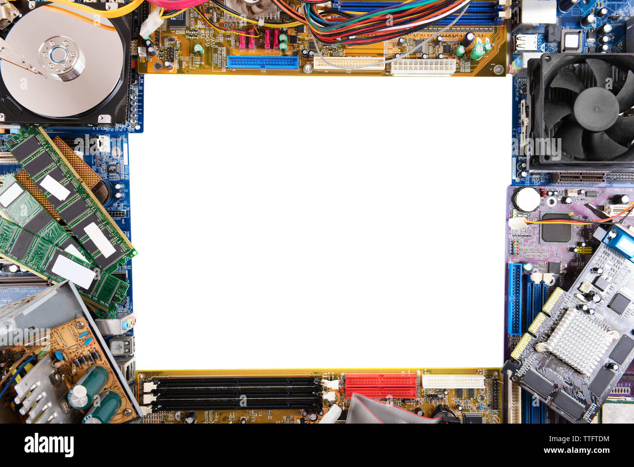Frame with computer motherboards and hard disk on white background ...
