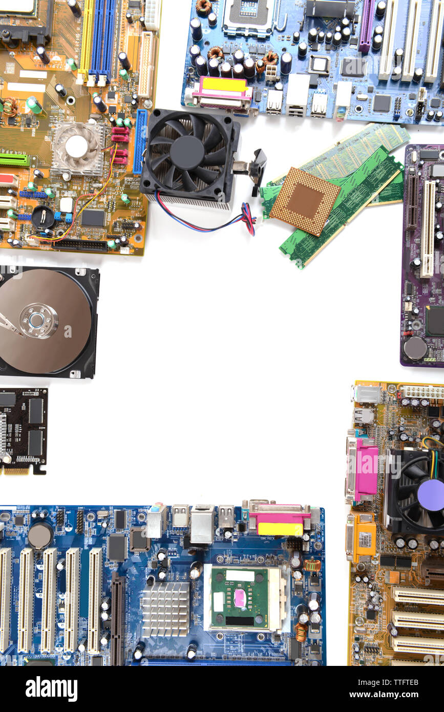 Frame with computer parts on white background Stock Photo - Alamy