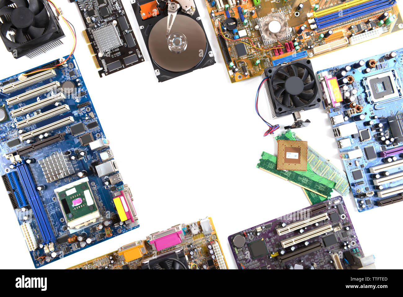 Frame with computer parts on white background Stock Photo - Alamy