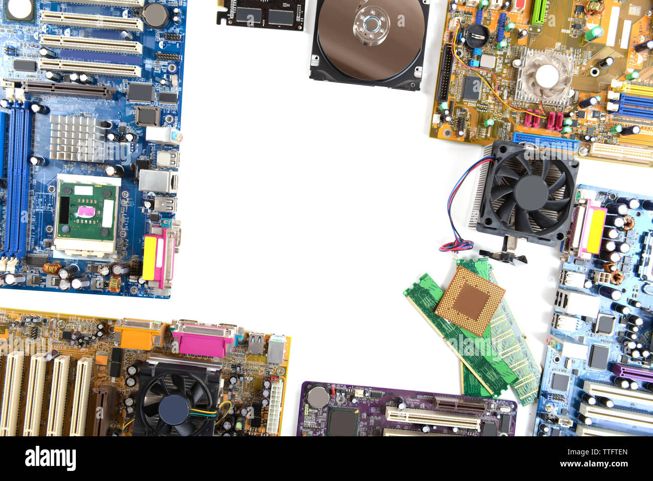 Frame with computer parts on white background Stock Photo - Alamy