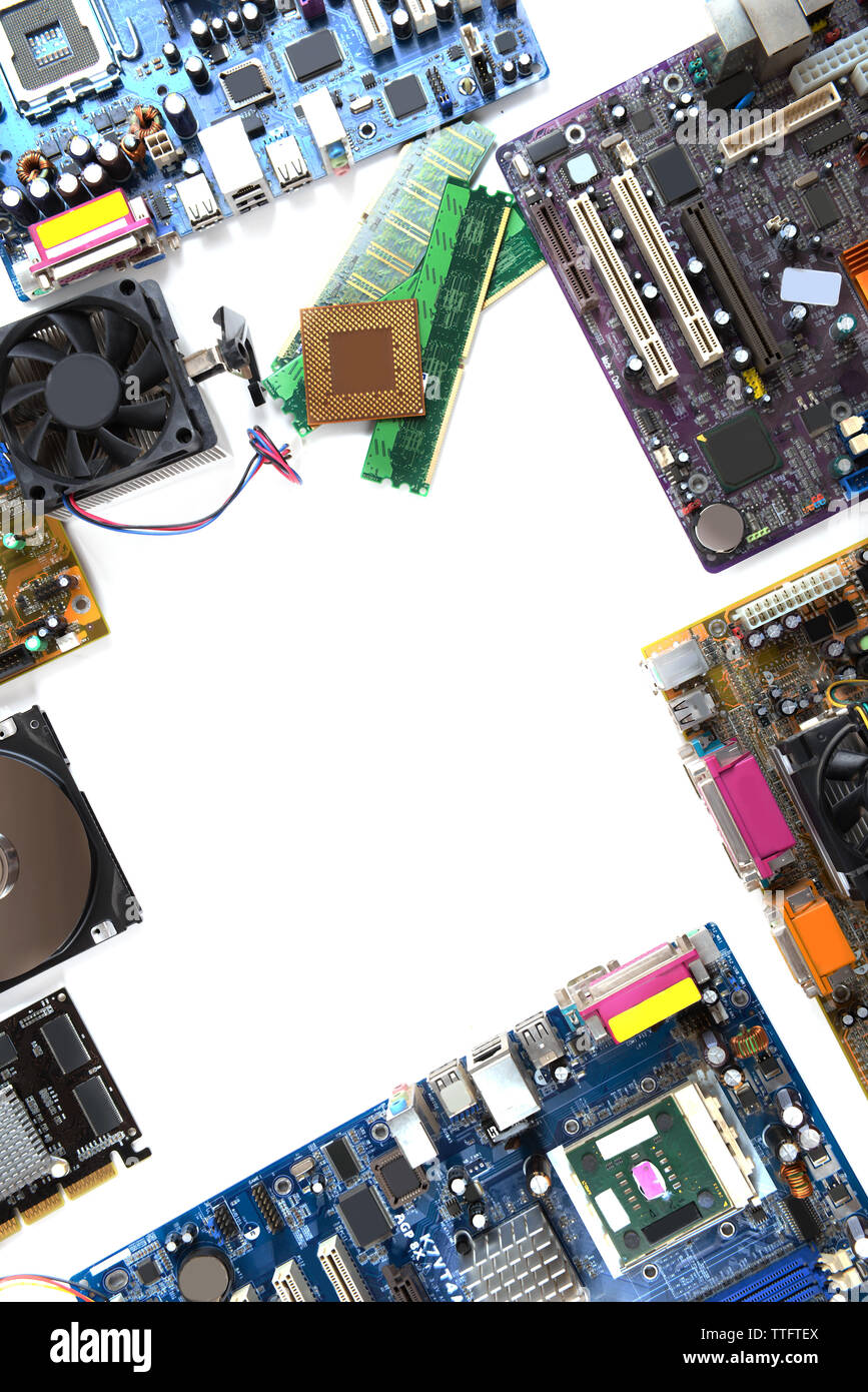 Frame with computer parts on white background Stock Photo - Alamy
