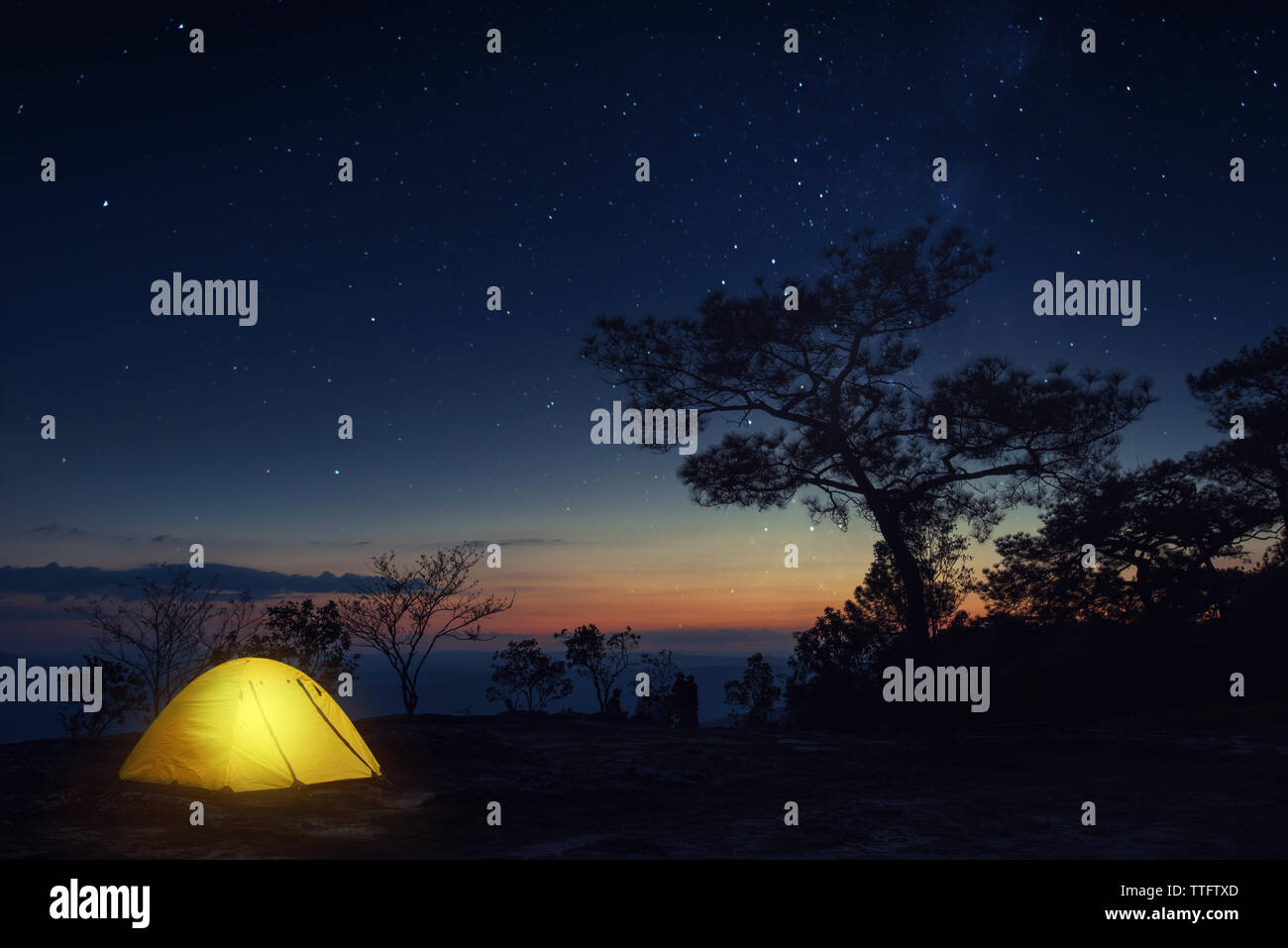 Beautiful Landscape Panoramic Nature View of Illuminated Yellow Camping ...
