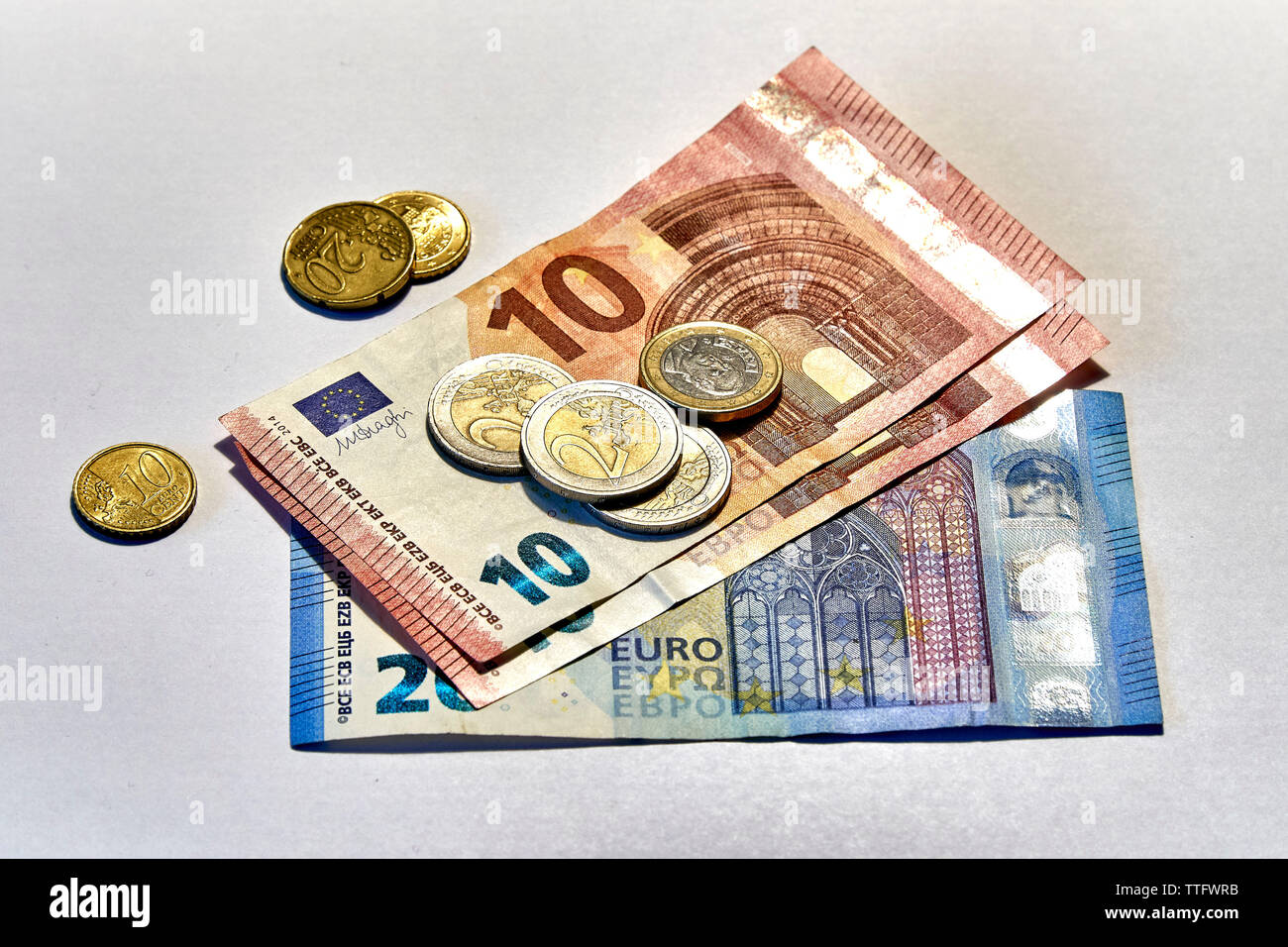 47 euros and 40 eurocents in cash on a white background: banknotes of ...