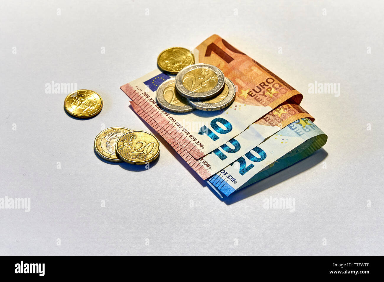 47 euros and 40 eurocents in cash on a white background: banknotes of ...