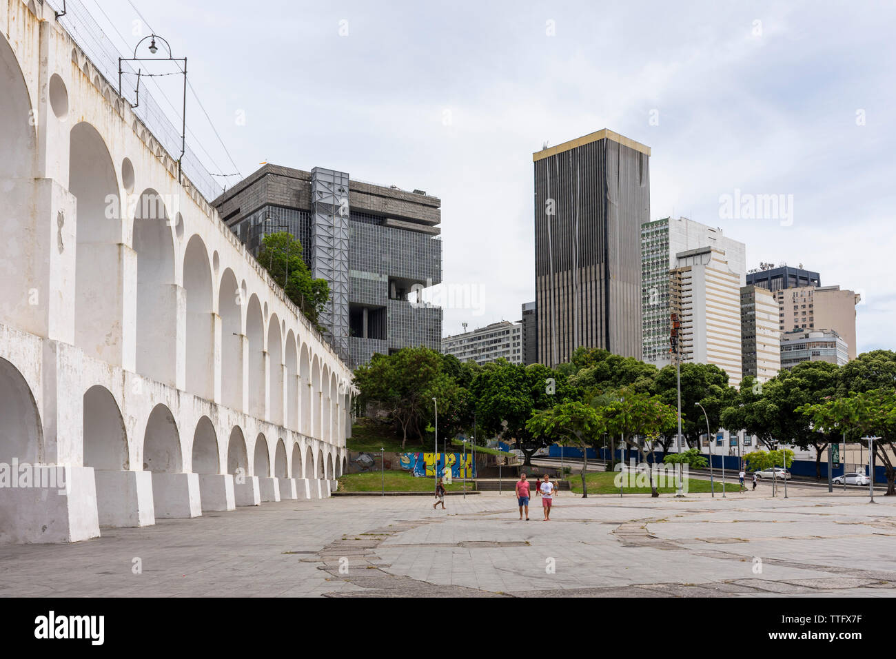 Landscape of Lapa Aqueduct and modern financial buildings downtown ...