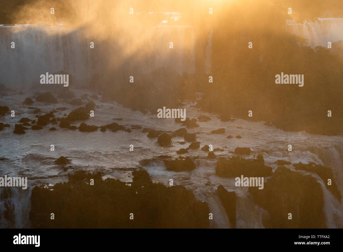 Beautiful landscape of big waterfall set on green atlantic rainforest ...
