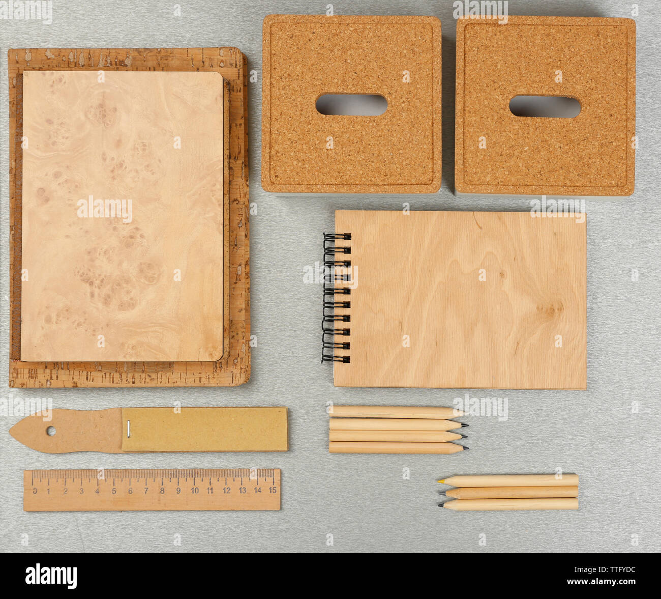 Office set with notebooks and stationery on grey background Stock Photo ...