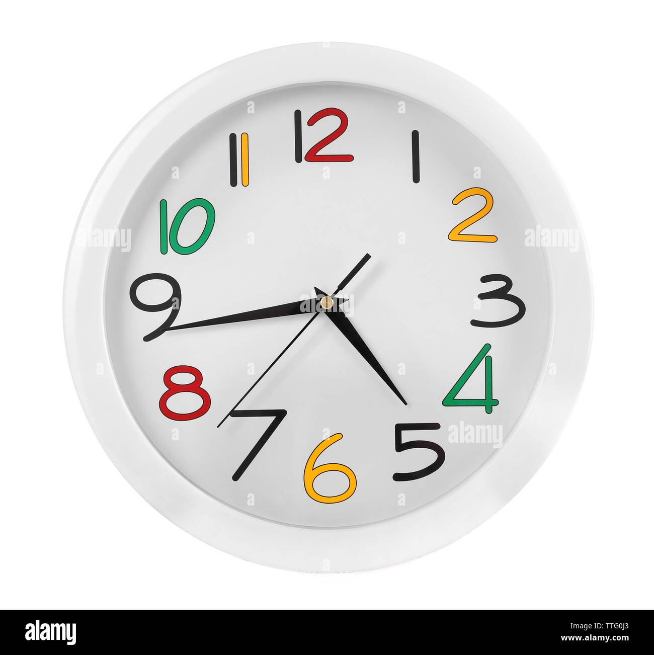 Round wall clock with colorful figures, isolated on white Stock Photo ...