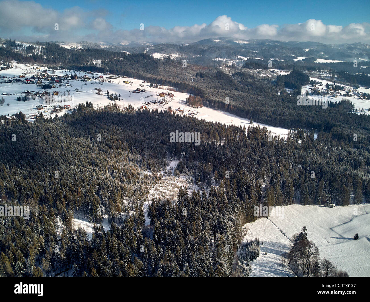 Beautiful panoramic aerial drone view panorama to the to the Istebna ...
