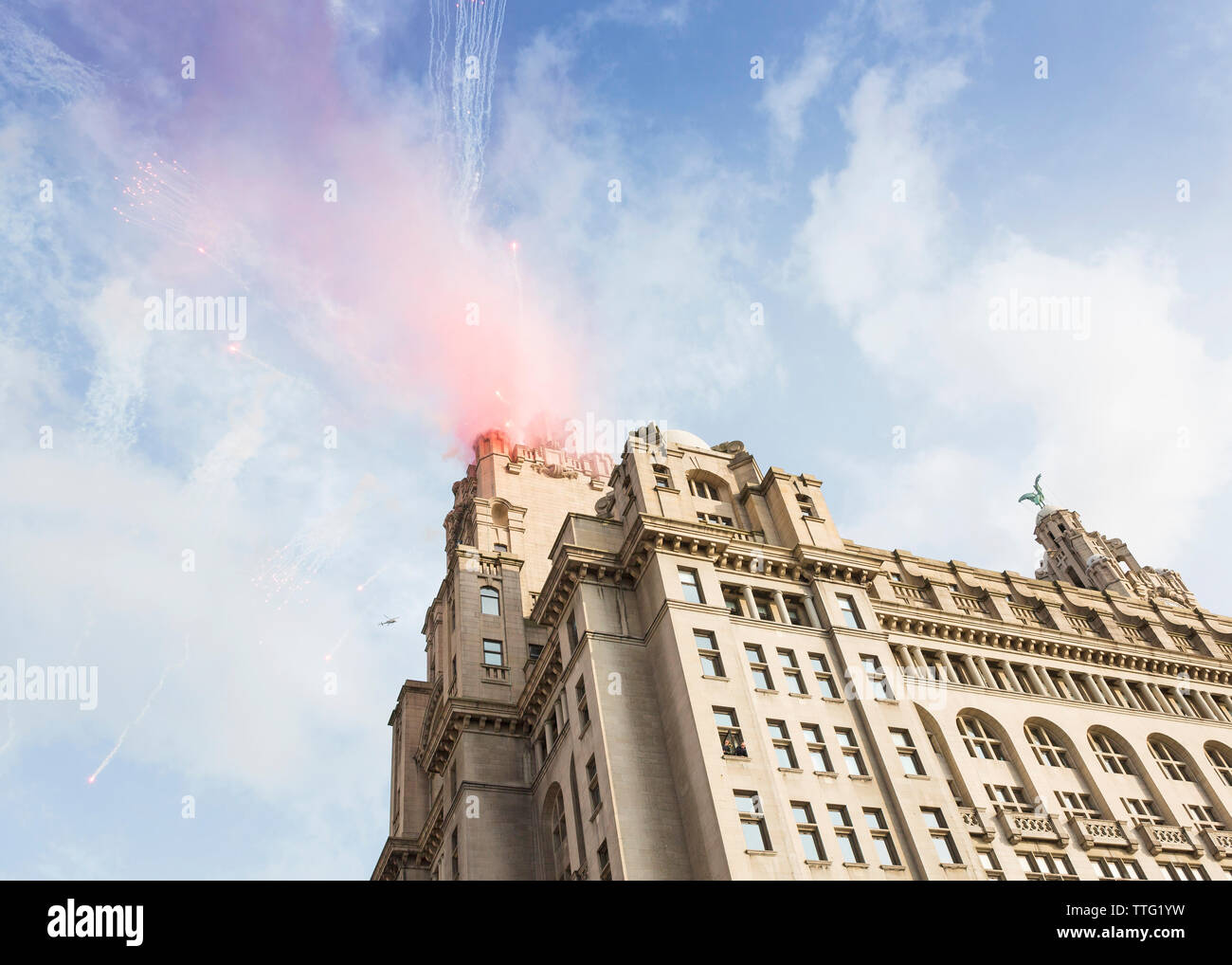 Royal Liver Building, fireworks and flares celebrating Liverpool FC ...