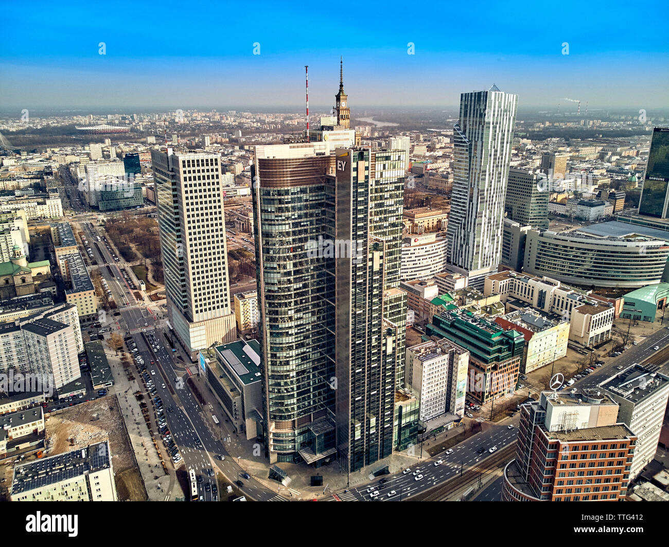 Beautiful panoramic aerial drone view to panorama cityscape of Warsaw ...