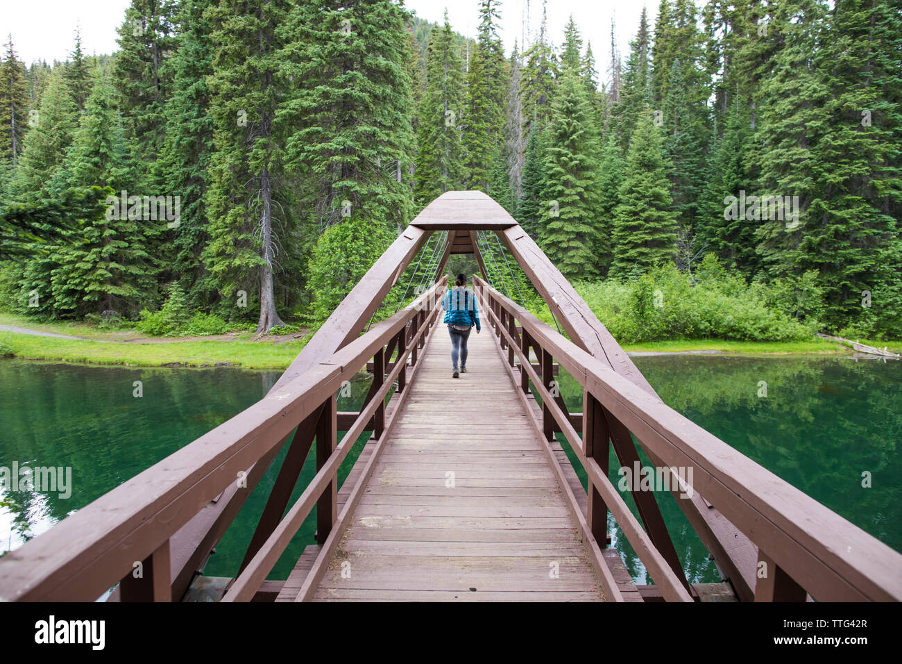 Rear view female hiker crossing Rainbow Bridge at Lightning Lake, B.C ...