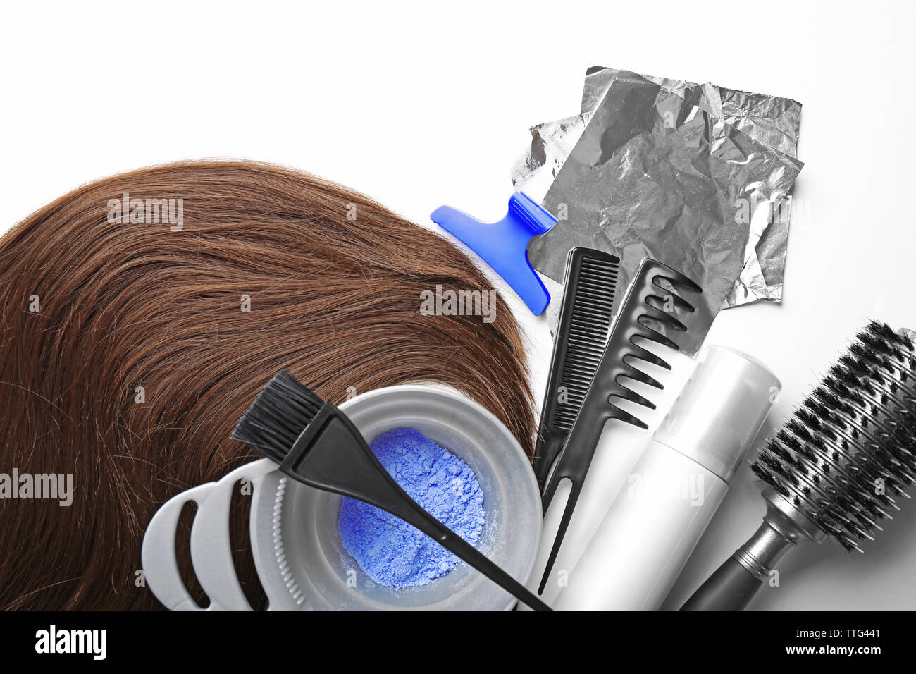 Barber set with strand, tools and hair dye, isolated on white Stock ...