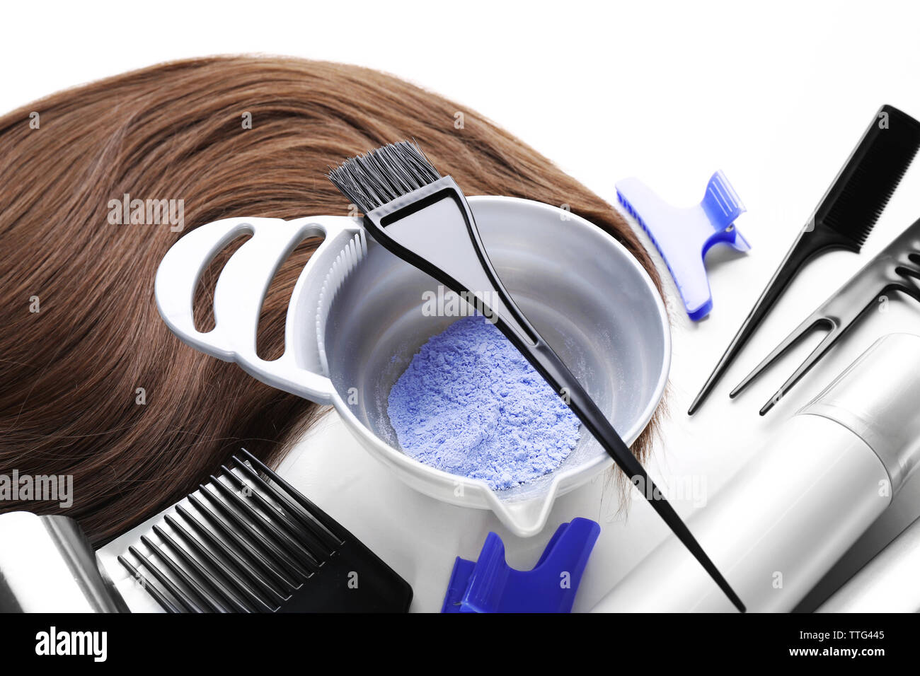 Barber set with strand, tools and hair dye, isolated on white Stock ...