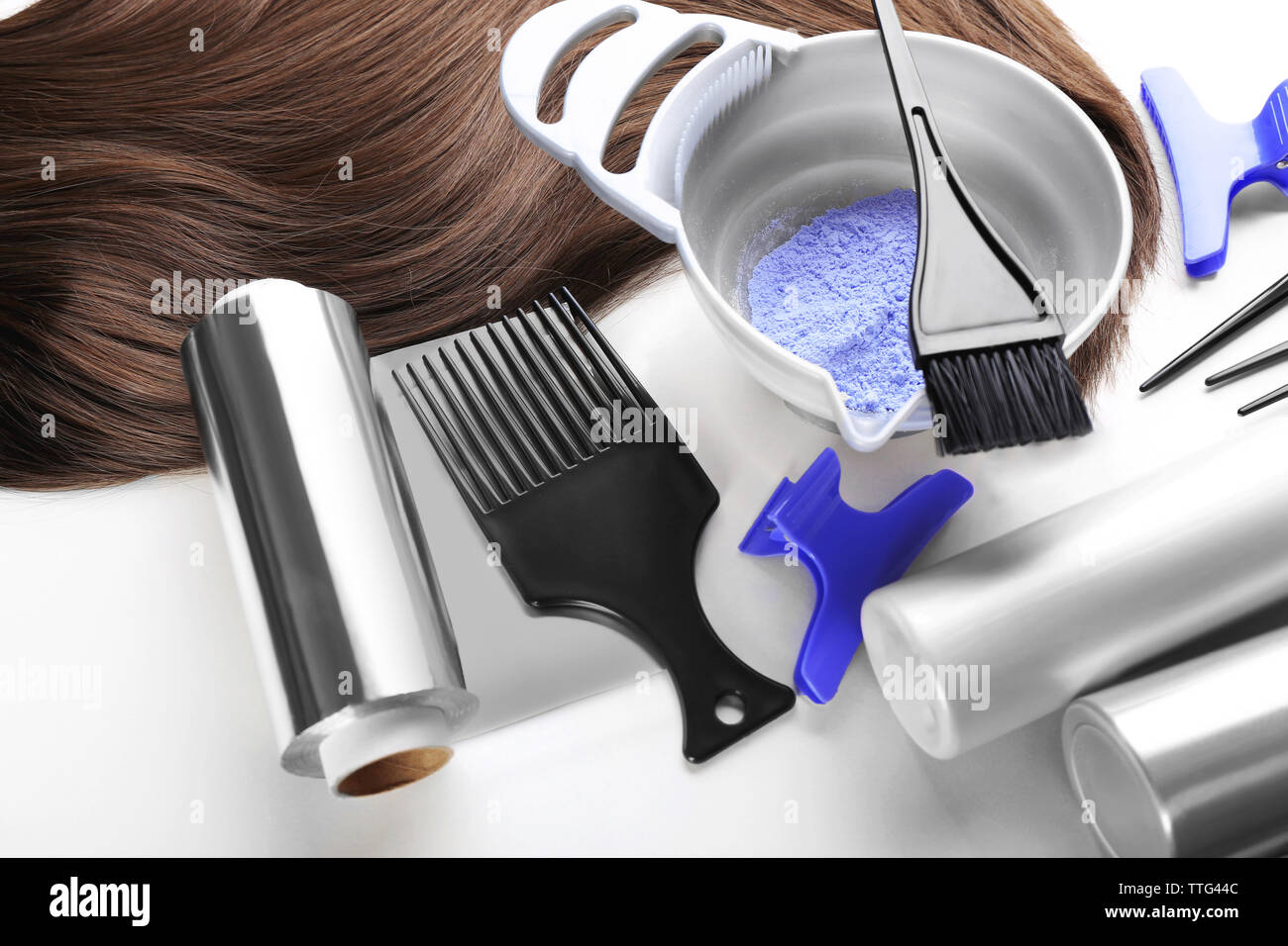 Barber set with strand, tools and hair dye, isolated on white Stock ...